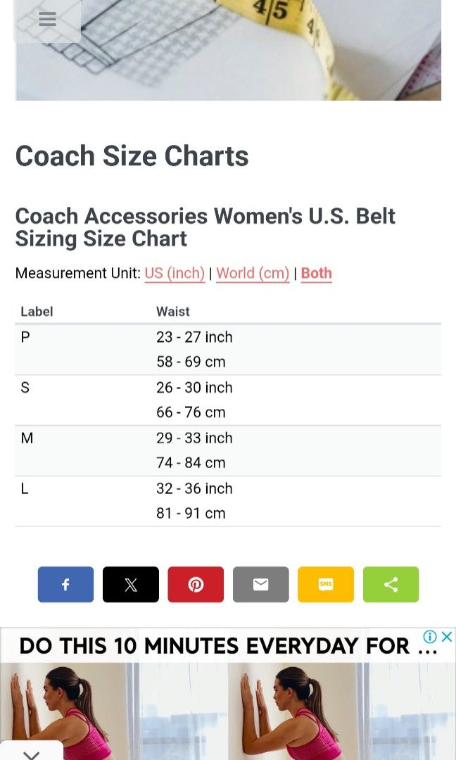 coach chart size