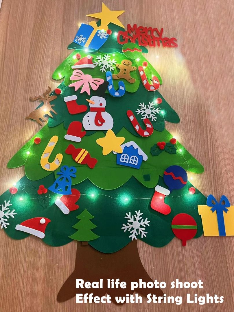 DIY Felt Christmas Tree with Detachable Ornaments on Velcro, LED Lights ...