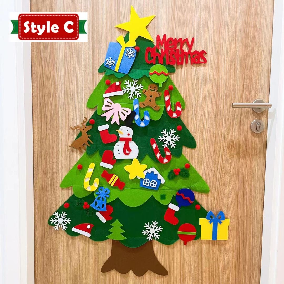 DIY Felt Christmas Tree with Detachable Ornaments on Velcro, LED Lights ...