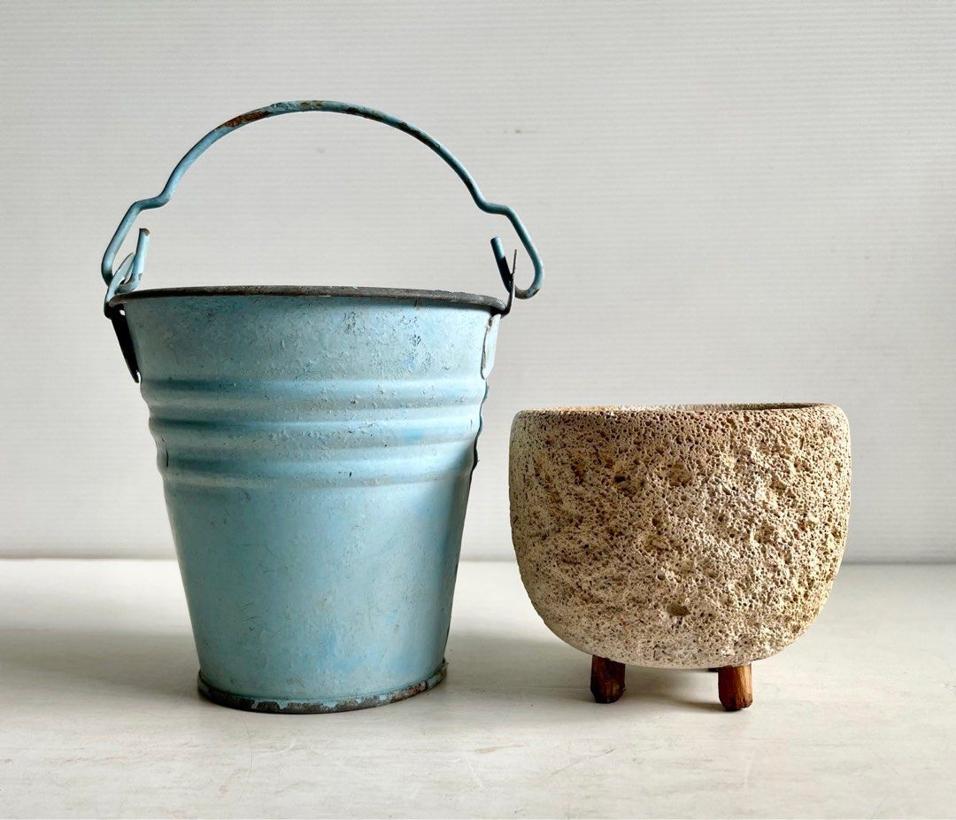 FWP Lovely Footed Porous Clay Planter Pot and Metal Tin Bucket Decor ...