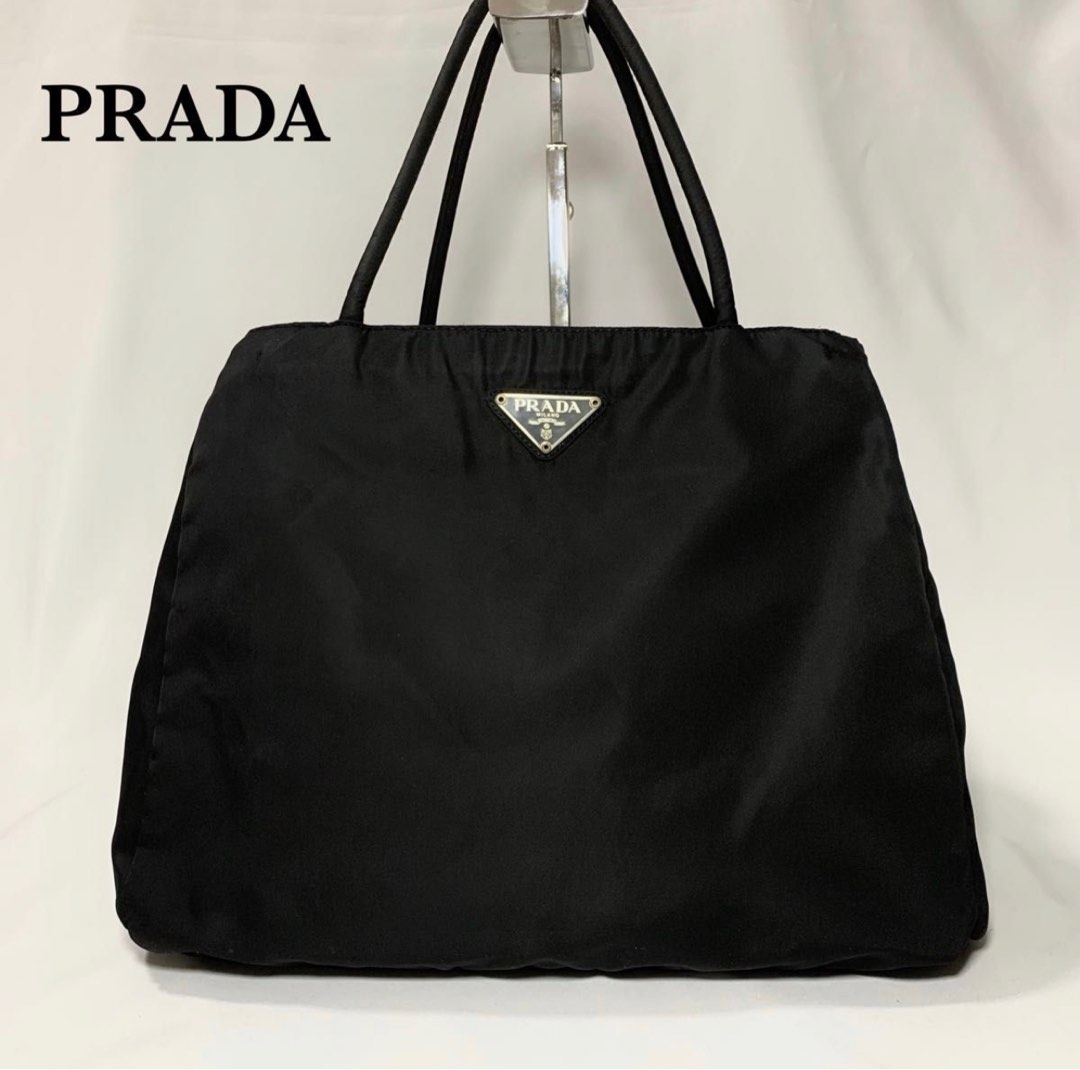 Popular PRADA Nylon Hand Tote Bag Black Triangle Logo White Tag Made in ...