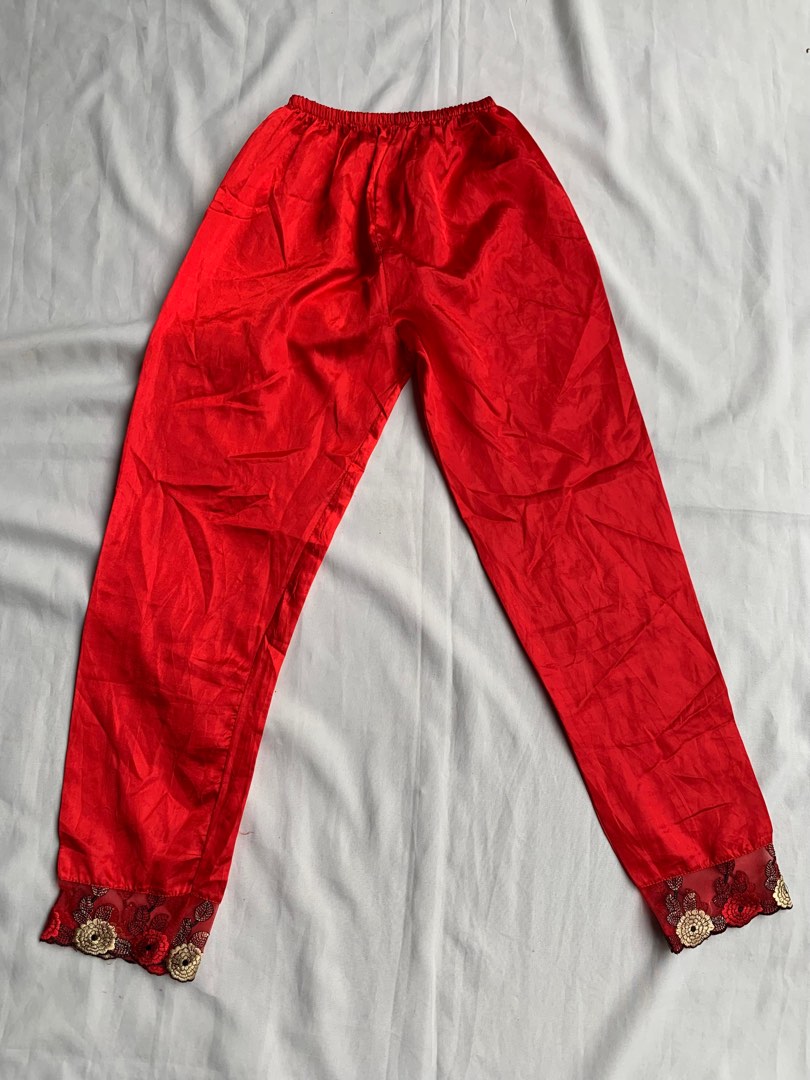 Red Silk Square Pants Garterized, Women's Fashion, Bottoms, Other ...
