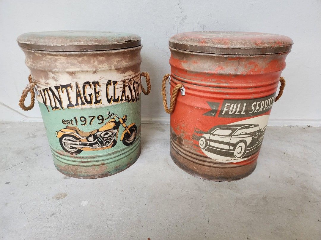 Retro Industrial Style Storage Stools in Pair, Furniture & Home Living ...