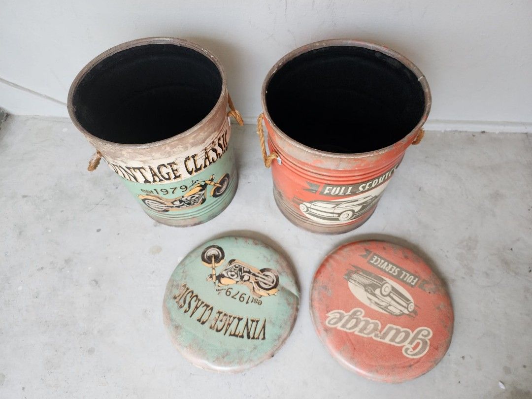 Retro Industrial Style Storage Stools in Pair, Furniture & Home Living ...