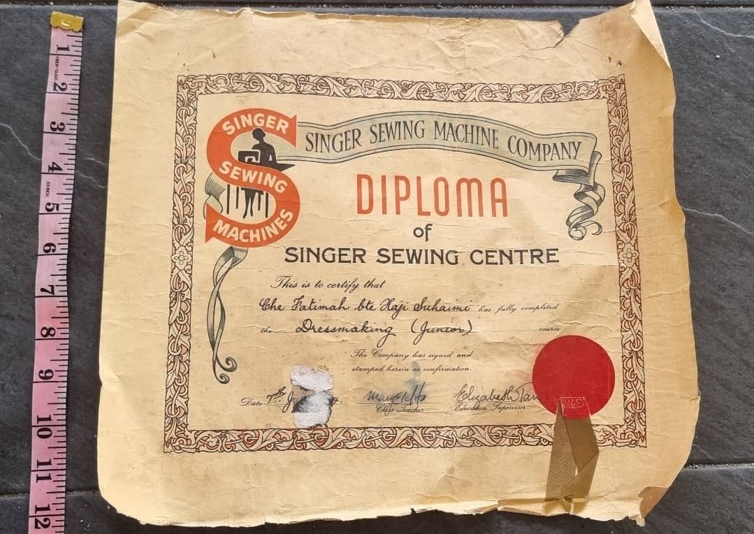 SINGER Vintage 1960s Diploma Certificate Sijil mesin jahit sewing ...