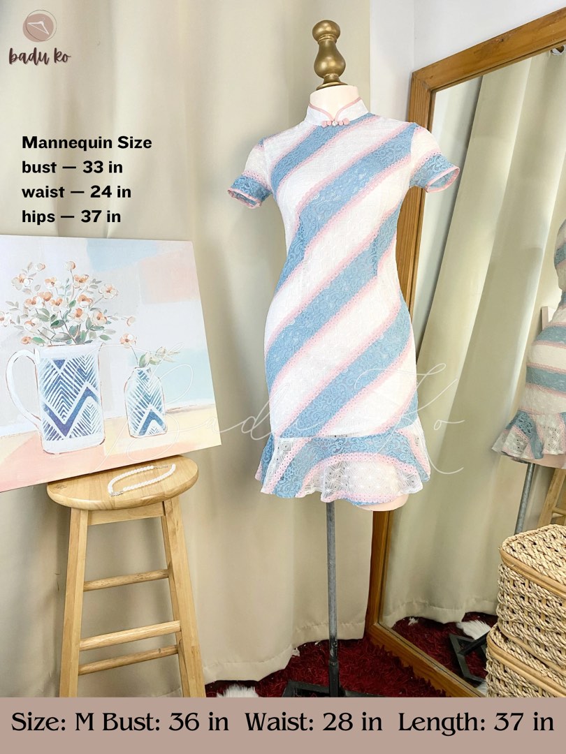 Thrifted Chinese Baby Pink & Blue Midi Dress, Women's Fashion, Dresses ...