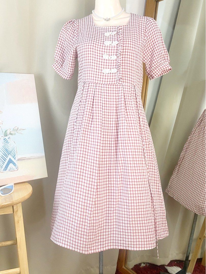 Thrifted Pink Chinese Gingham Maxi Dress, Women's Fashion, Dresses ...