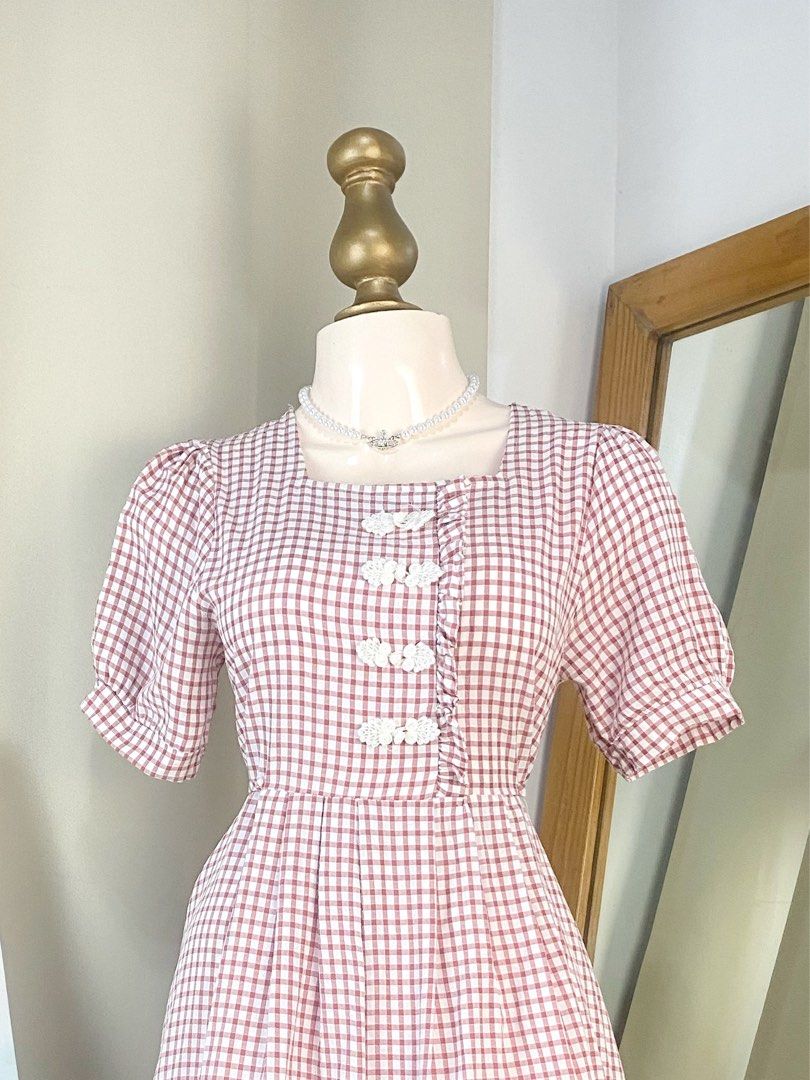 Thrifted Pink Chinese Gingham Maxi Dress, Women's Fashion, Dresses ...