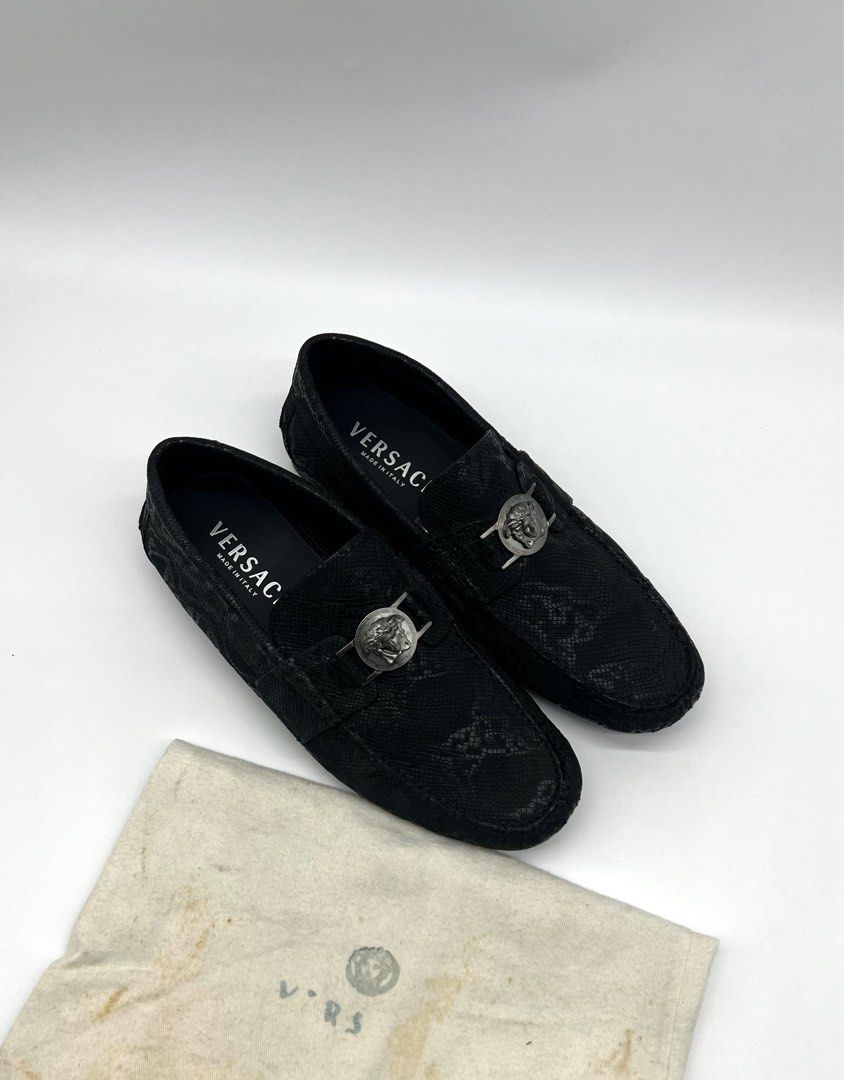 Versace python print leather loafers with medusa head grey metal emblem ...