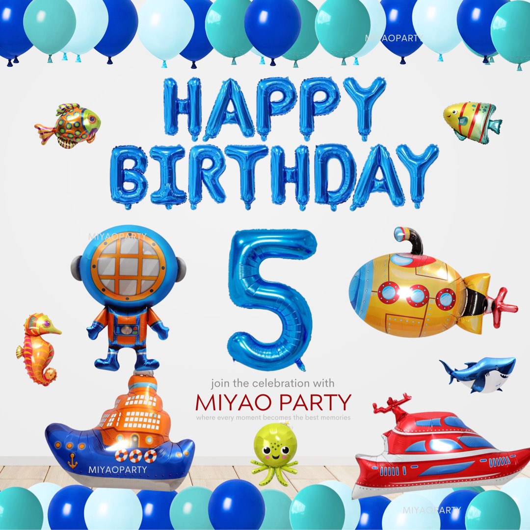 Diver Submarine Cruise Ship Speedboat Blue Sea Theme Foil Balloon Set ...