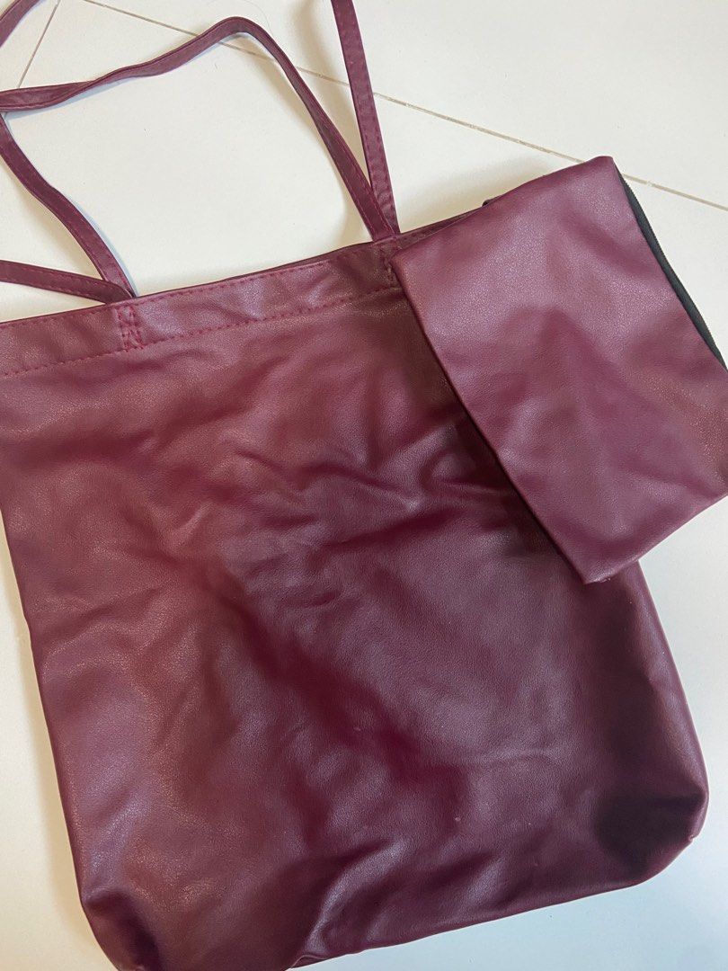 maroon burgundy leather tote bag with pouch, Women's Fashion, Bags ...