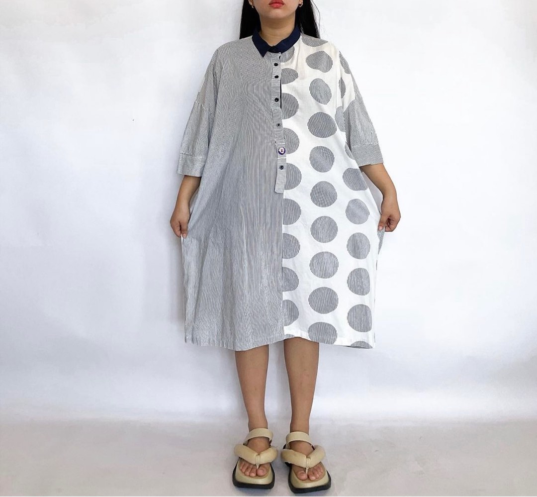 Pattern blocking Polka and Pin stripe Quarter button Dress, Women's ...