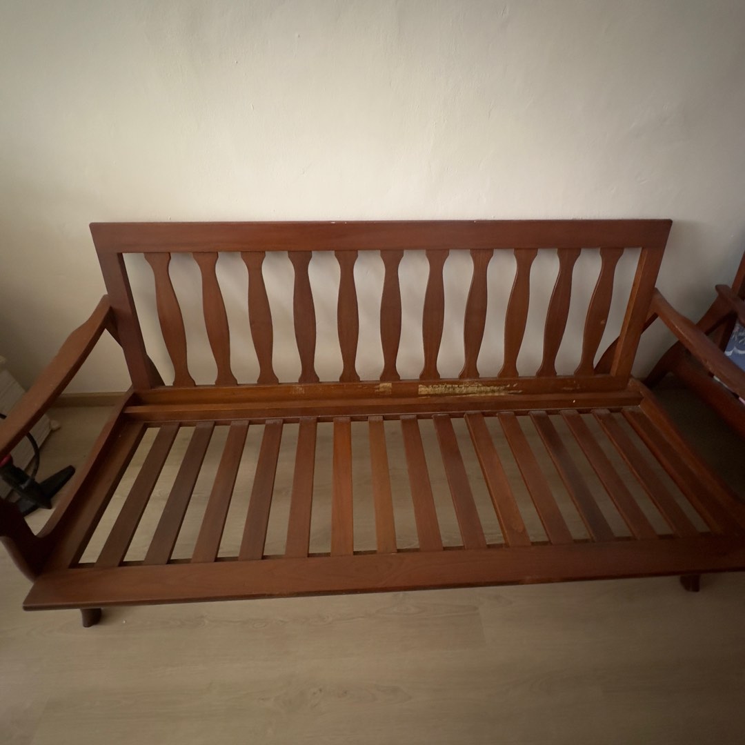 Vintage wooden sofa 3 seaters, Furniture & Home Living, Furniture ...
