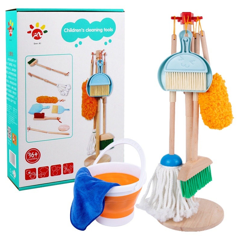 7pc Dust Sweep Mop Broom Duster Rag Dustpan Stand Children Pretend Play ...