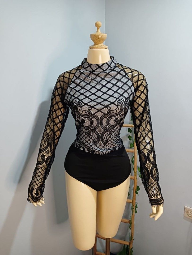 Black Lace Bodysuit Sexy Tops Party Rare Unique Style Ootd, Women's ...