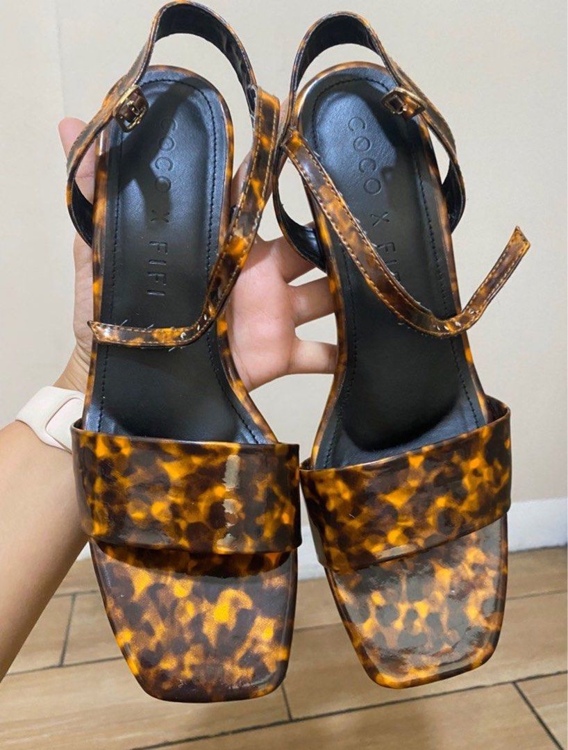 Coco x Fifi shiny brown and black lava print open sandals in block ...