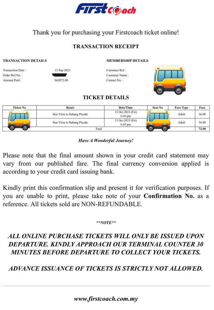 FIRSTCOACH BUS TICKET - STAR VISTA TO SUBANG PARADE FOR 2 PAX, Tickets ...