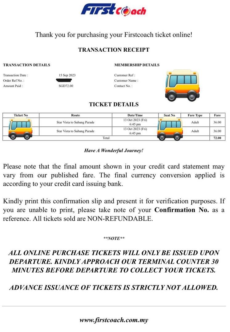 FIRSTCOACH BUS TICKET - STAR VISTA TO SUBANG PARADE FOR 2 PAX, Tickets ...