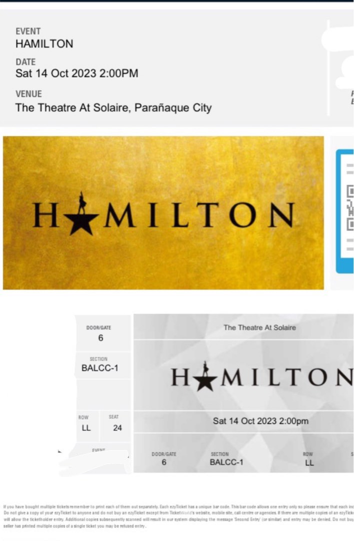 1 Hamilton Ticket Oct 14 - Balcony LL24, Tickets & Vouchers, Event ...