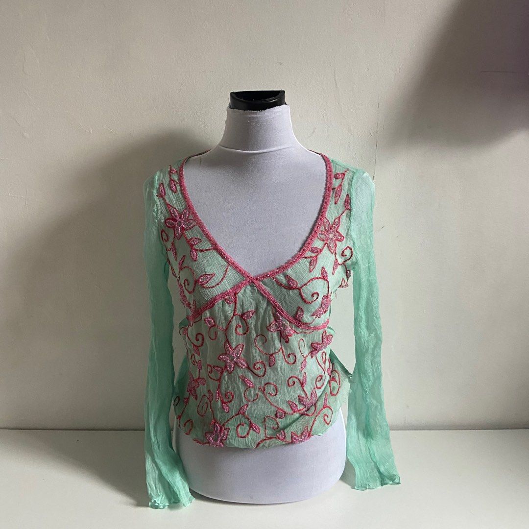 Mermaidcore y2k beaded sheer long sleeve ///, Women's Fashion, Tops ...