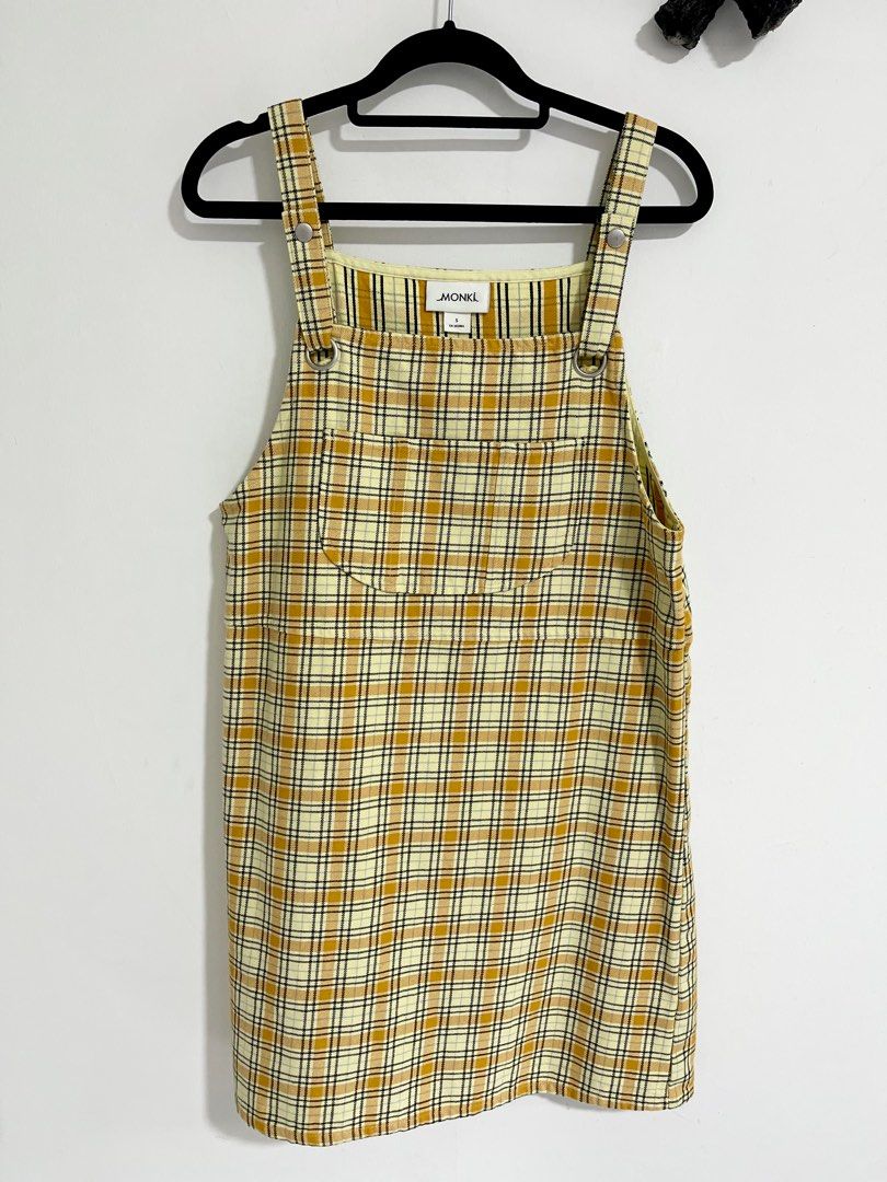 Monki Check Mini Dungarees Dress in Yellow, Women's Fashion, Dresses ...