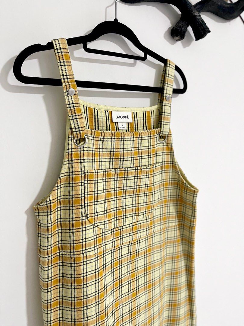 Monki Check Mini Dungarees Dress in Yellow, Women's Fashion, Dresses ...