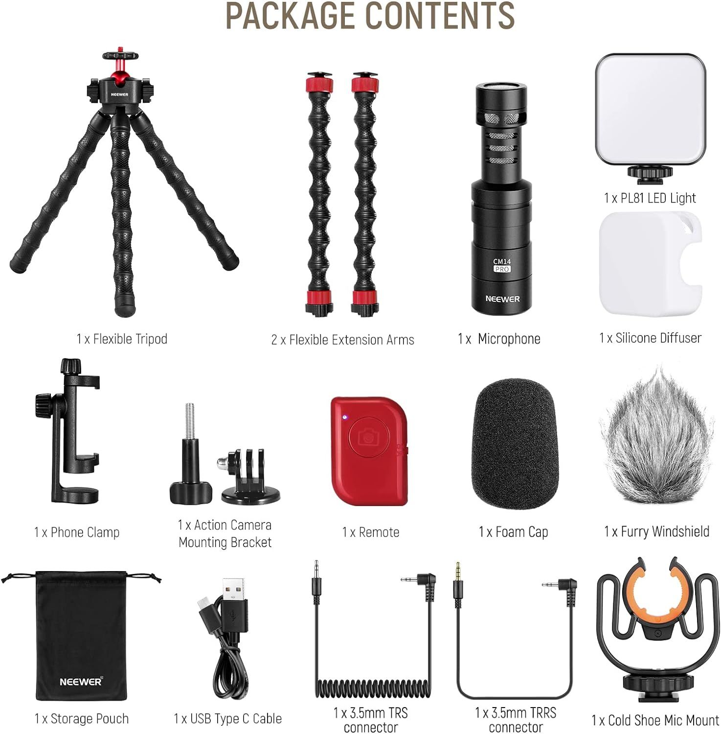 NEEWER Phone Vlogging Kit with CM14 Pro Mic, PL81 Light,T90 Flexible ...