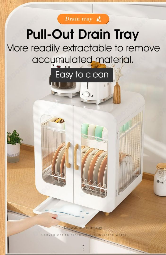ODOROKU 2 Tier Minimalistic Cabinet Dish Rack with Doors and Water Tray ...