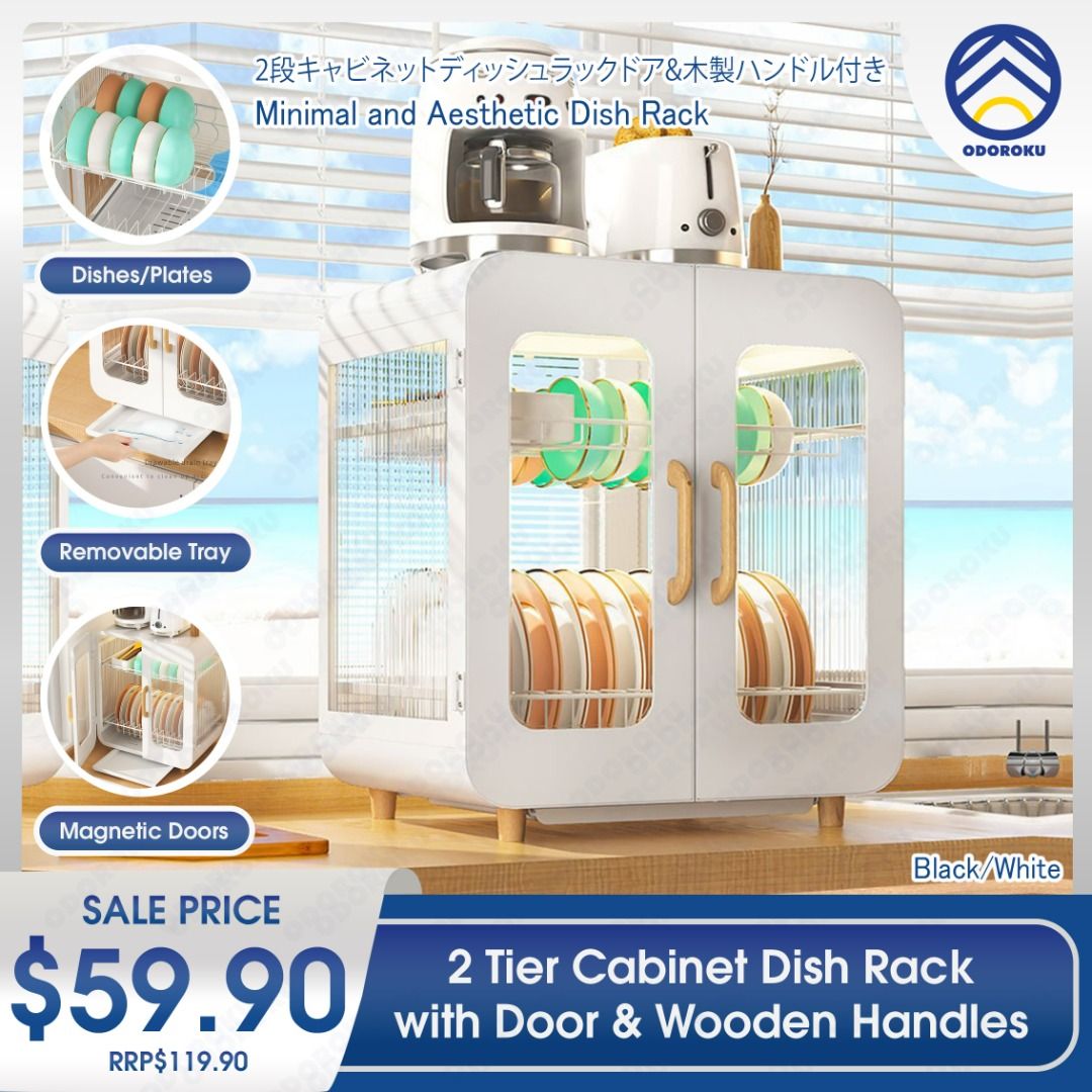 ODOROKU 2 Tier Minimalistic Cabinet Dish Rack with Doors and Water Tray ...