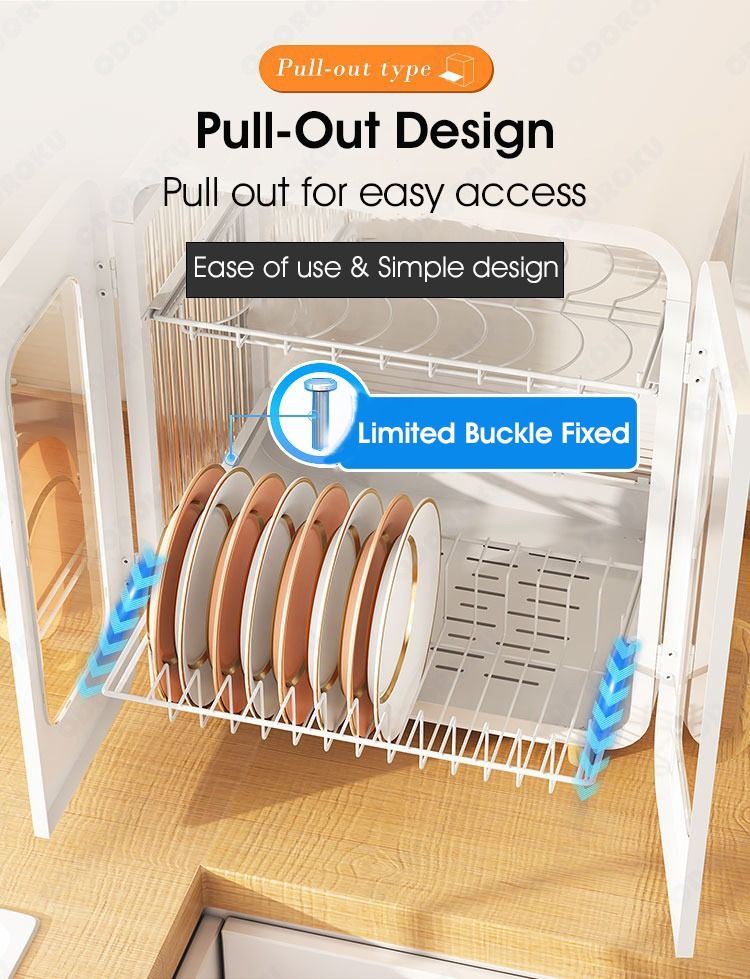ODOROKU 2 Tier Minimalistic Cabinet Dish Rack with Doors and Water Tray ...