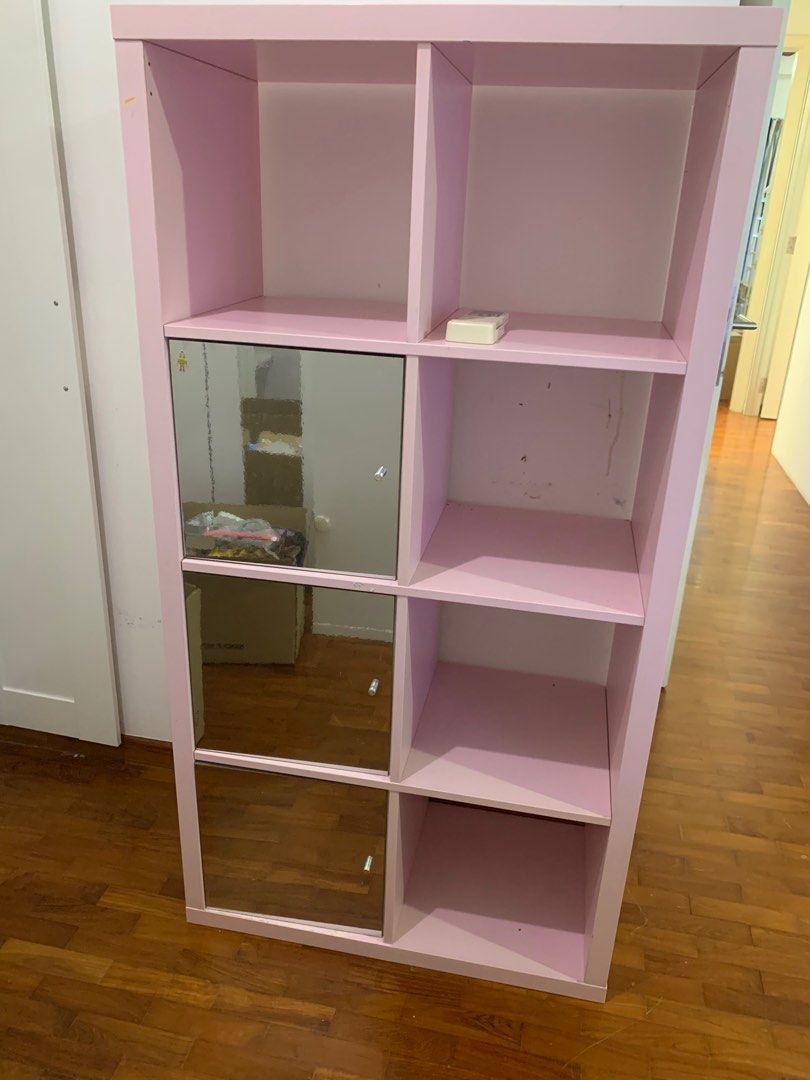 Pink 4x2 kallax shelving with 3 mirror doors, Furniture & Home Living ...