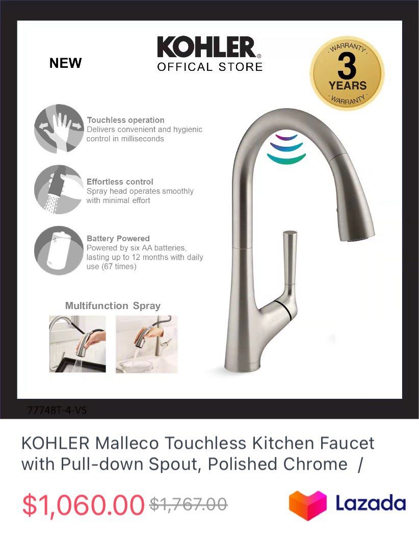 Premium KOHLER Malleco Touchless Kitchen Faucet with Pull-down Spout ...