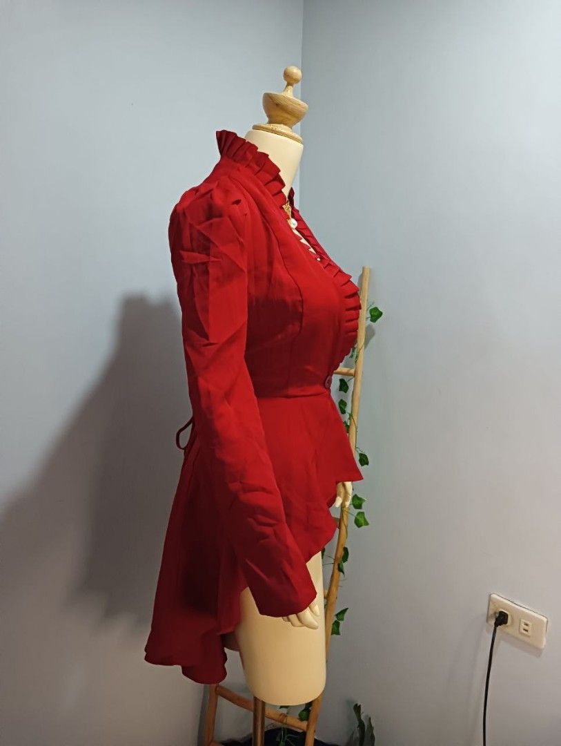 Red Steampunk Long Puff Sleeve Stand Collar V neck Elegant Party ...