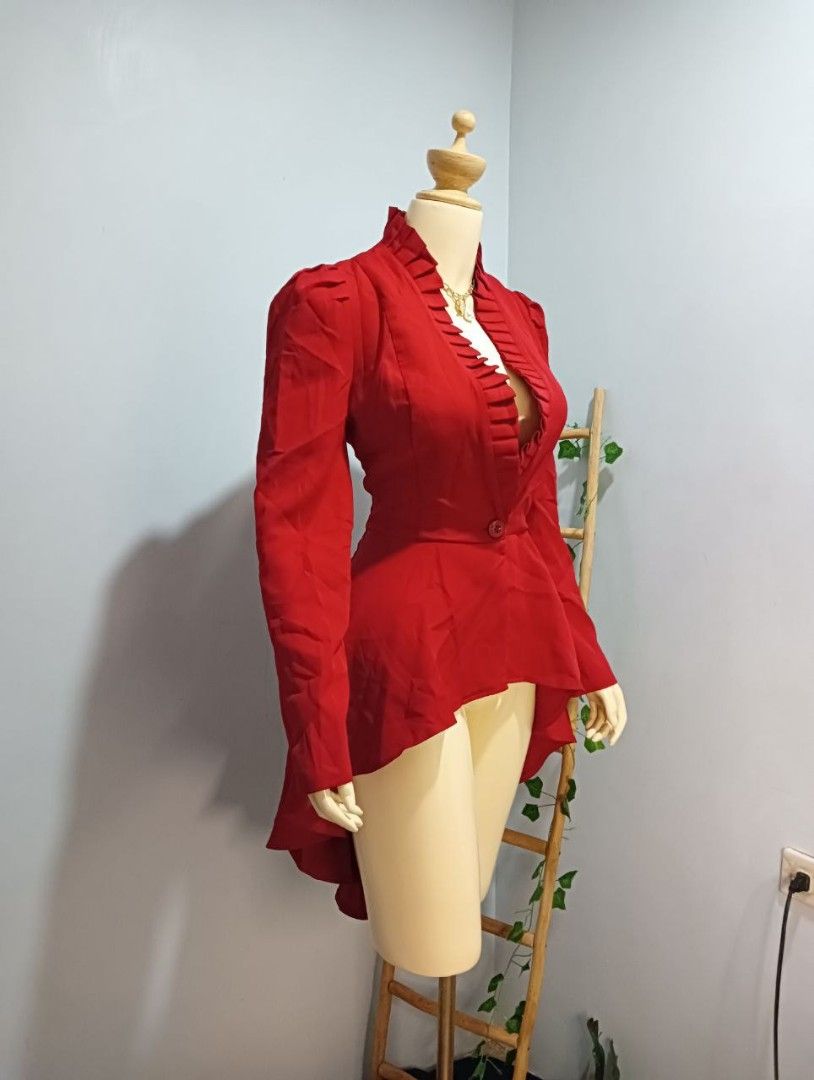 Red Steampunk Long Puff Sleeve Stand Collar V neck Elegant Party ...