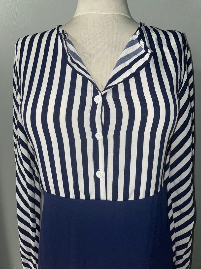 Shein curve 0xl Plus size navy blue stripes long sleeve maxi dress ...