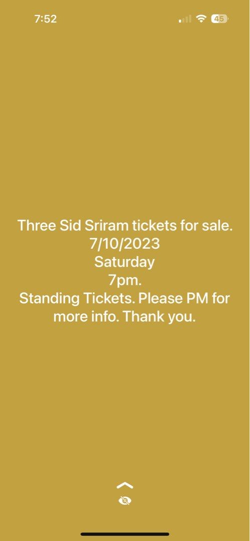 Sid Sriram Standing ticket 1, Tickets & Vouchers, Event Tickets on ...