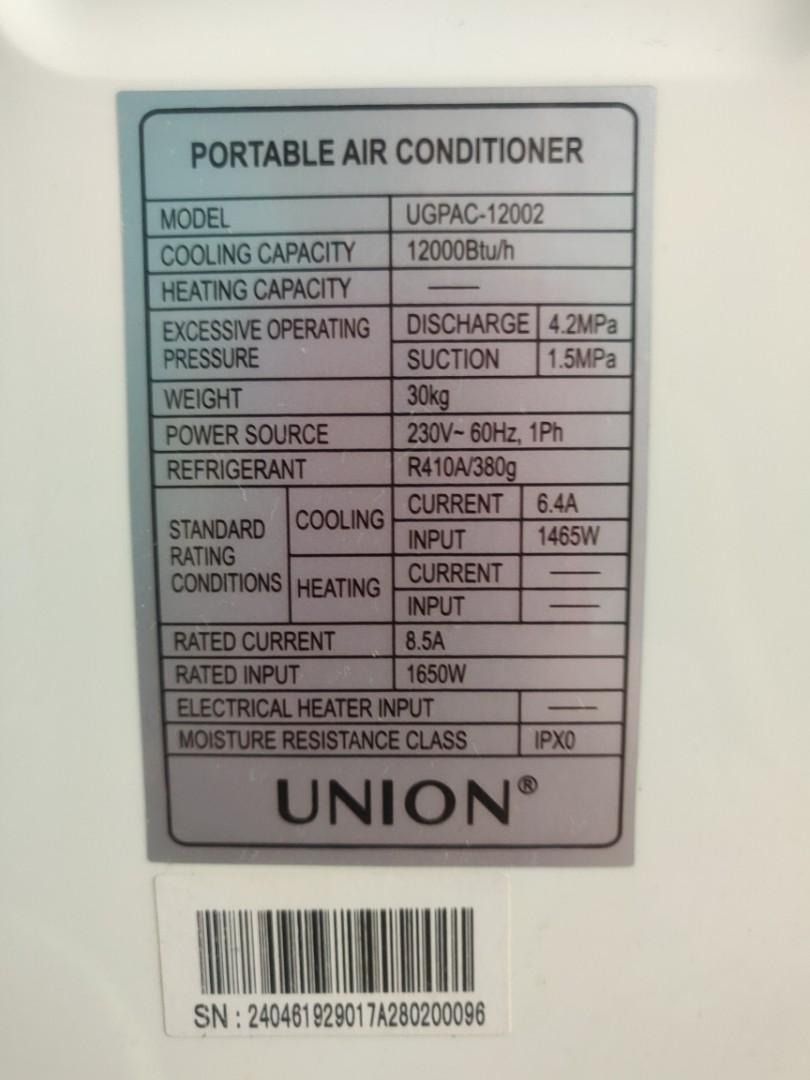 Union Portable Aircon 1.5 hp, TV & Home Appliances, Air Conditioning ...