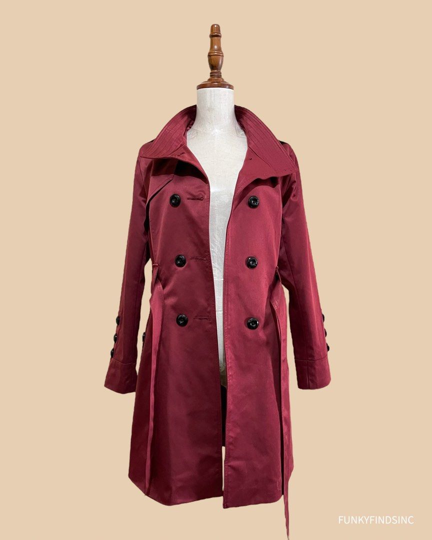 Wine red trench coat with belt, Women's Fashion, Coats, Jackets and ...