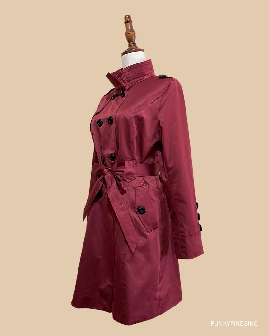 Wine red trench coat with belt, Women's Fashion, Coats, Jackets and ...