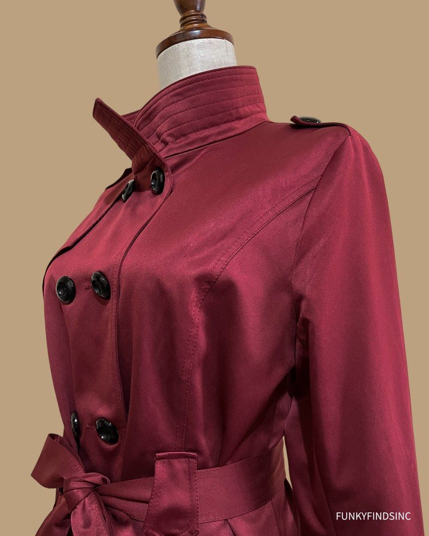 Wine red trench coat with belt, Women's Fashion, Coats, Jackets and ...