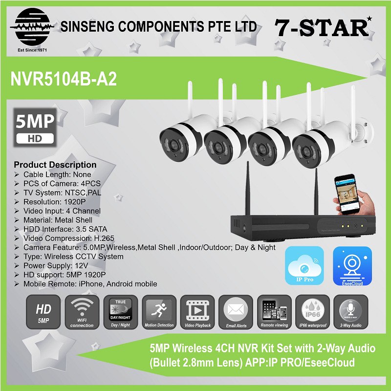 7-STAR* 5MP Wireless 4CH NVR Kit Set with 2-Way Audio (Bullet 2.8mm ...