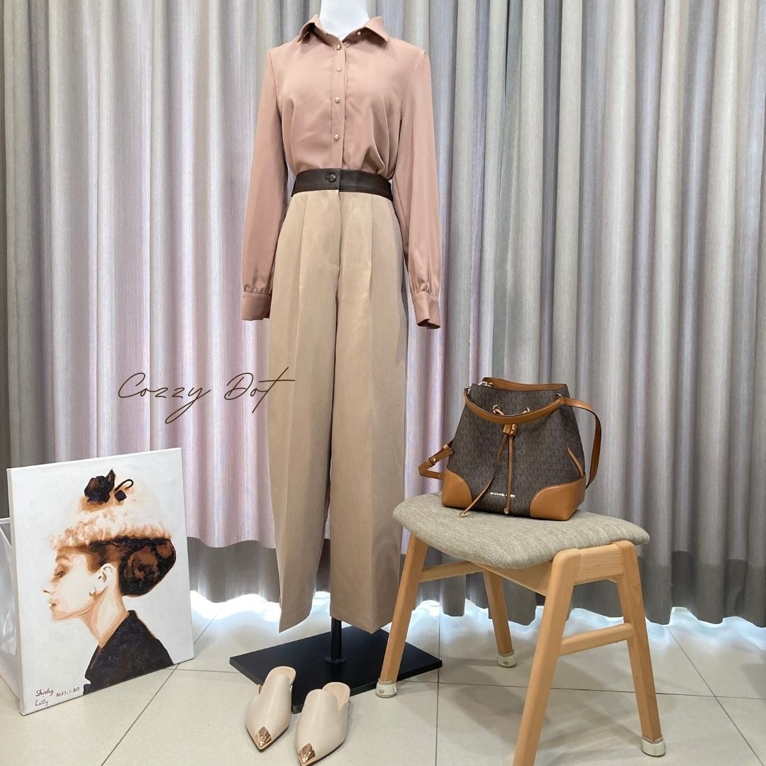 ｜正韓 腰頭拼接高腰直紋寬褲-卡其｜cozzy.dot / cozy vibes, 她的時尚, 褲＆裙, 其他下身衣物在旋轉拍賣