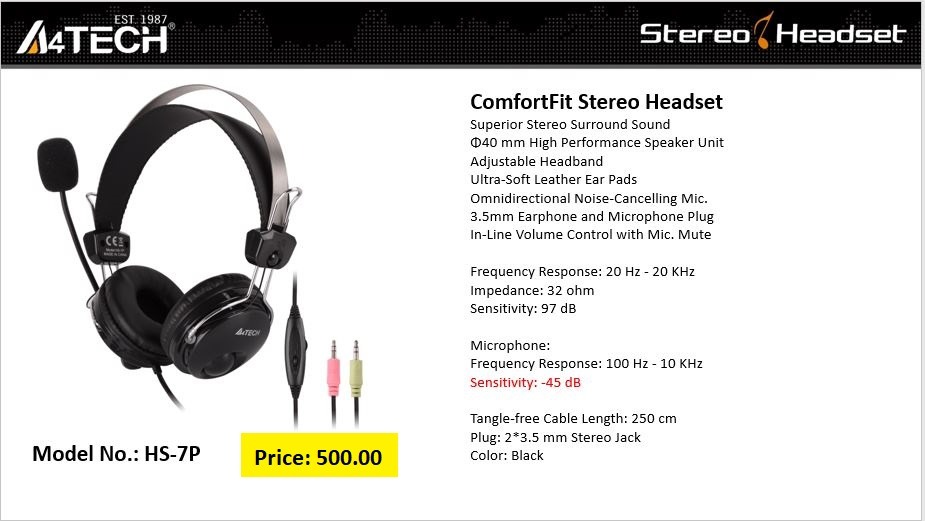 A4TECH HS-7P ComfortFit Stereo Headset (Black), Audio, Headphones ...