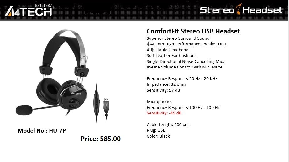 A4TECH HU-7P ComfortFit Stereo USB Headset (Black), Audio, Headphones ...