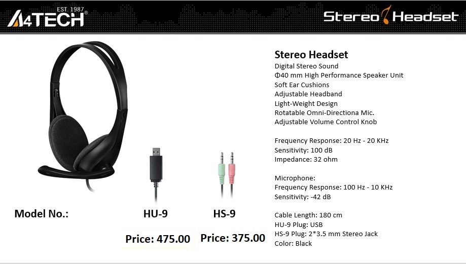 A4TECH HU-9/ HS-9 Stereo Headset (Black), Audio, Headphones & Headsets ...