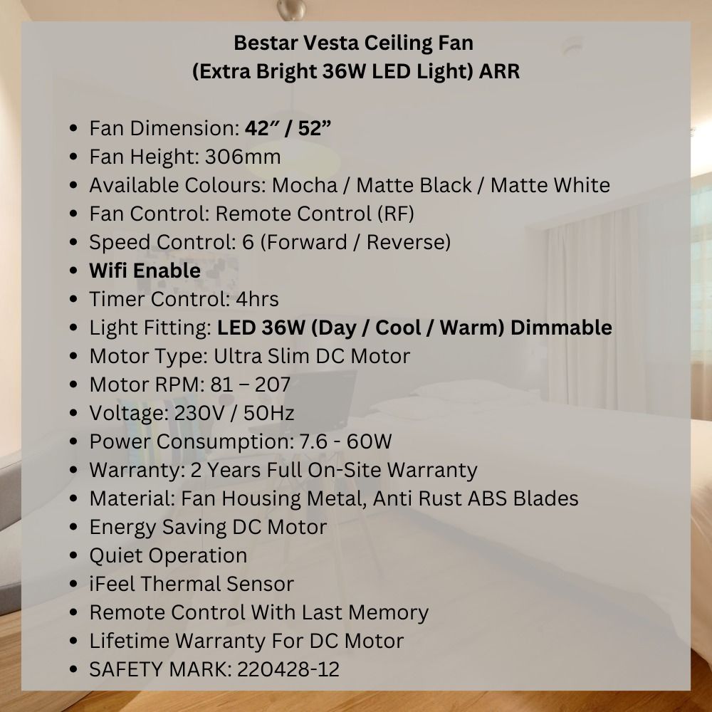 Bestar Vesta Ceiling Fan (Extra Bright 36W LED Light) ARR, Furniture & Home Living, Lighting ...