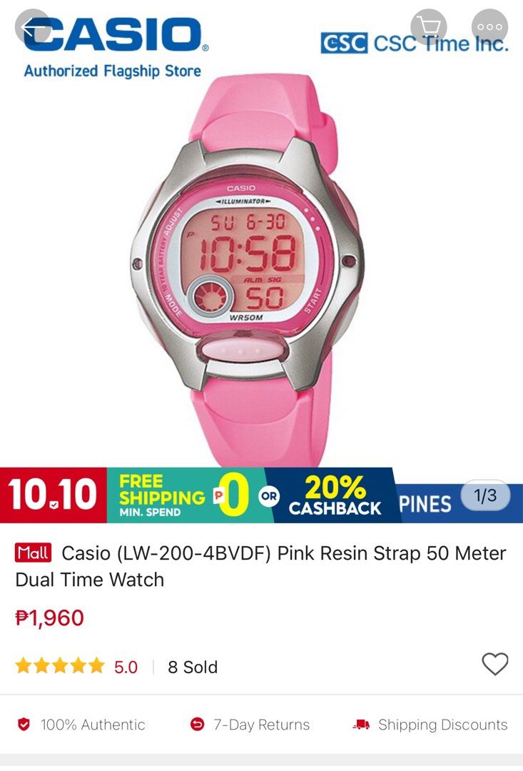 Casio (LW-200-4BVDF) Pink Resin Strap 50 Meter Dual Time Watch, Women's ...