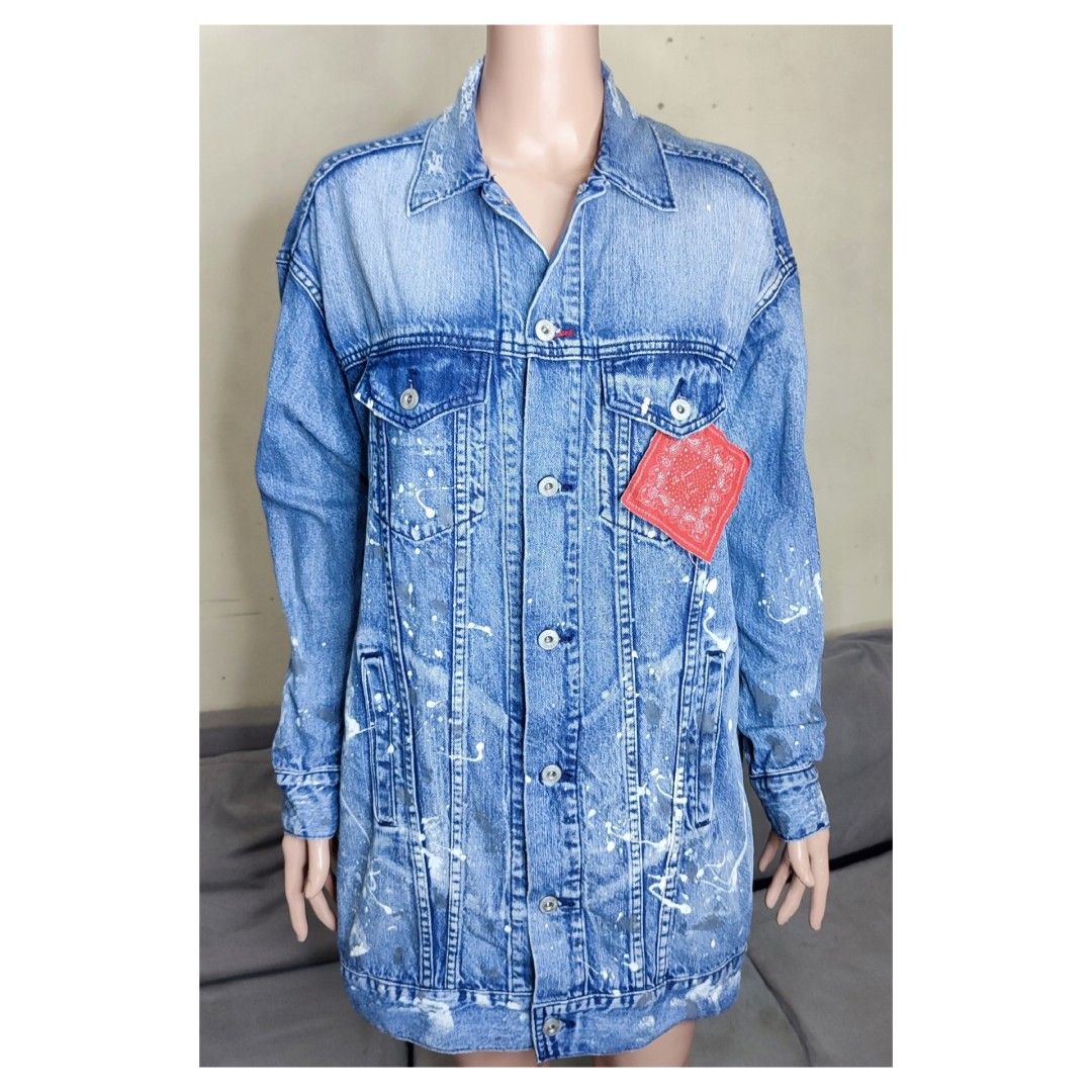 Denim Grungy Look Paint Splatter Oversized Jacket, Women's Fashion ...