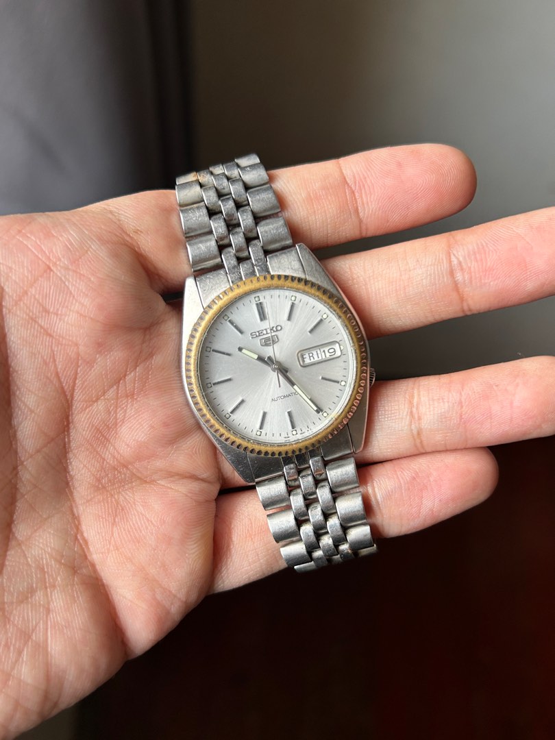 EXTREMELY RARE SNXJ89 Seiko 5 Automatic Vintage 2000 7S26-3110 Two Tone Look Silver Sunburst ...
