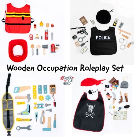 Kids Roleplay Occupation Costumes with Wooden Accessories Pretend Play ...